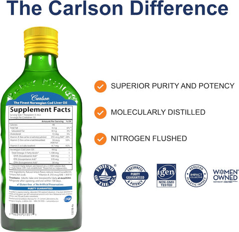 Carlson - Cod Liver Oil 1100 mg Omega-3s Liquid Cognitive Fish Oil Lem ...